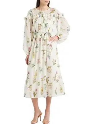 ZOE AND CLAIRE Printed Ruffle Chiffon Midi Dress