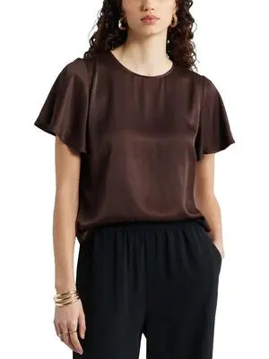 Nordstrom Flutter Sleeve Satin Top - Brown Coffee
