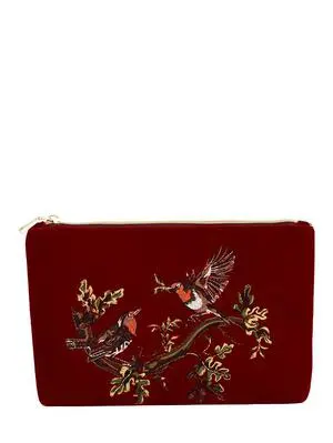 FABLE ENGLAND Robin Love Embroidered Medium Pouch - Ruby Red
