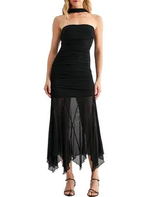 ALL IN FAVOR Ruched Drop Waist Midi Dress With Scarf - Black