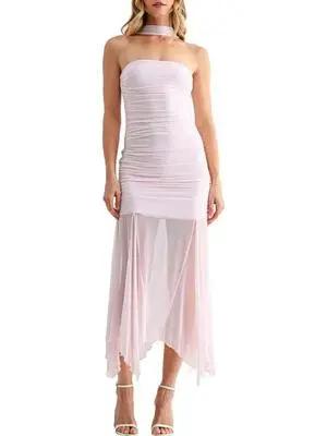 ALL IN FAVOR Ruched Drop Waist Midi Dress With Scarf - Blush