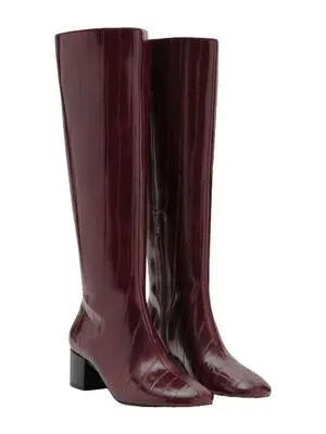 Mango Embossed Faux Leather Tall Boots - Burgundy