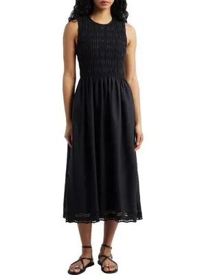 Madewell The Embroidered Melody Smocked Midi Dress - Jet Black