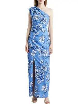 Vince Camuto Toile One-shoulder Scuba Crepe Column Gown - Blue