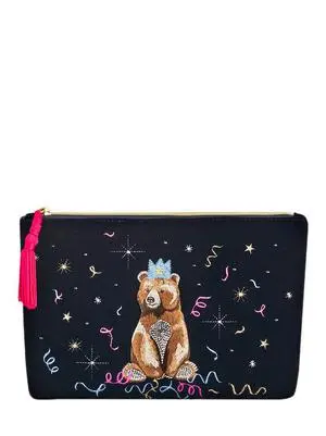 FABLE ENGLAND Party Bear Embroidered Medium Pouch - Midnight Blue