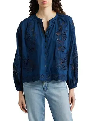 Farm Rio Artisanal Button-up Top - Navy Blue