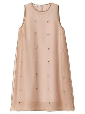 Lafayette 148 New York Hand Beaded Silk Organza Shift Dress - Brownstone