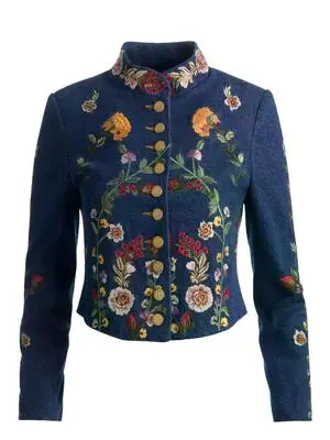 Alice + Olivia Floral-embroidered Denim Jacket - Blue