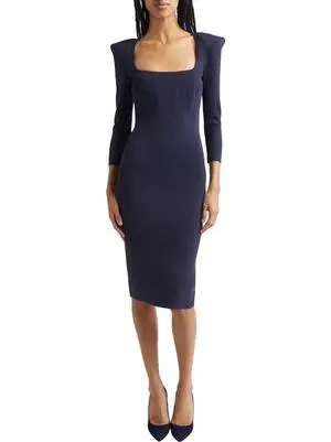 L'Agence Padded Shoulder Corset Knit Midi Dress - Midnight/gold