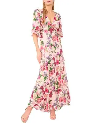 Ted Baker London Floral Flutter Sleeve Midi Dress - Cloud Pink