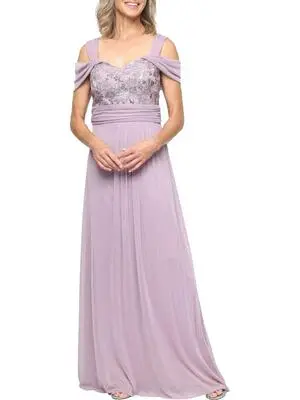 Alex Evenings Embroidered Bodice Cold Shoulder Gown - Wisteria
