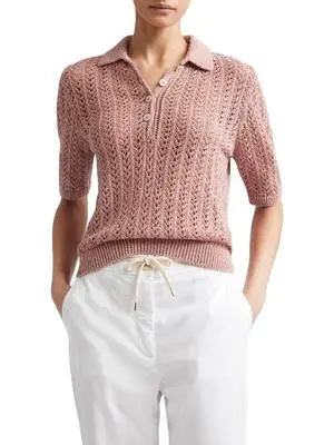Eleventy Open Stitch Cotton & Linen Blend Polo - 174 Raspberry