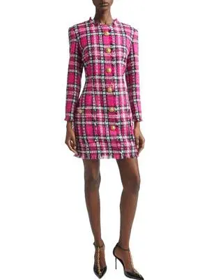 Balmain Long Sleeve Fringe Tweed Sheath Dress - Pink Multi