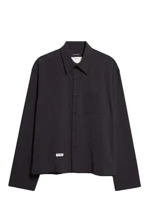 SONG FOR THE MUTE Casual Pinstripe Gabardine Crop Button-up Shirt - Navy