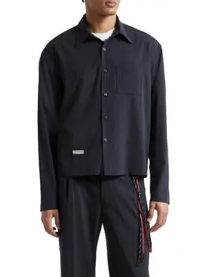 SONG FOR THE MUTE Casual Pinstripe Gabardine Crop Button-up Shirt - Navy