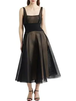 Black Halo Vivi Corset Bodice Tulle Cocktail Midi Dress - Black