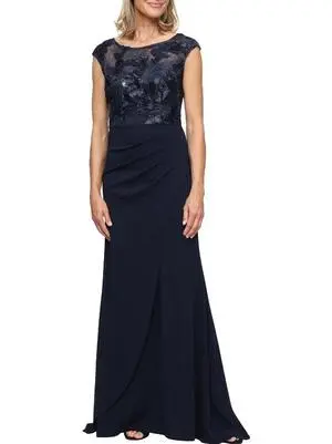 Alex Evenings Soutache Sequin Illusion Neck Gown - Navy