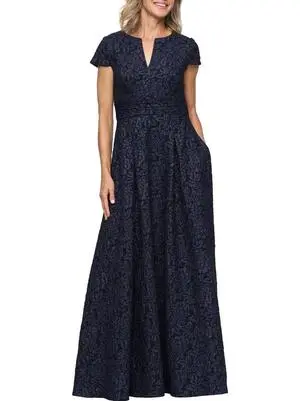 Alex Evenings Floral Jacquard Ballgown - Navy