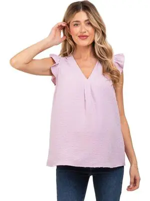 PINKBLUSH Swiss Dot Flutter Sleeve V-neck Top - Lavender