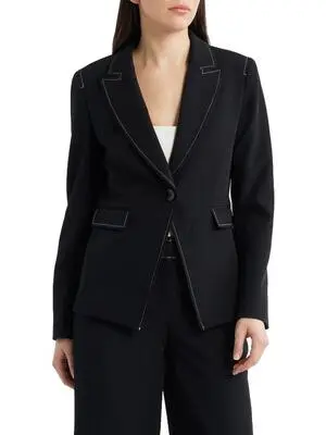 TAHARI ASL Topstitch Detail One-button Jacket - Black White