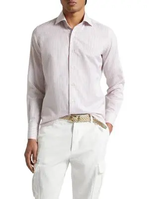 Eleventy Dandy Collar Stripe Cotton & Linen Button-up Shirt - Dusty Pink