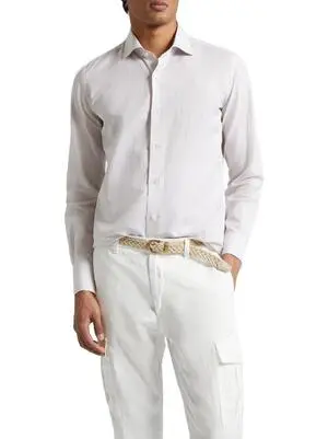 Eleventy Dandy Collar Stripe Cotton & Linen Button-up Shirt - Sand
