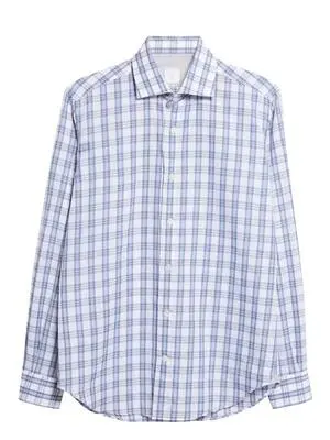 ELEVENTY Dandy Collar Check Cotton & Linen Button-up Shirt