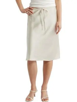 OPEN EDIT Satin Drawstring Knee Length Skirt - Ivory Dove