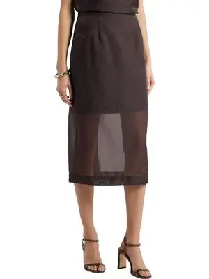 Nordstrom Organza Overlay Midi Pencil Skirt - Brown Coffee