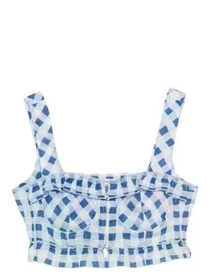 Sandro Gingham Ruffled Linen Crop Top - Blue