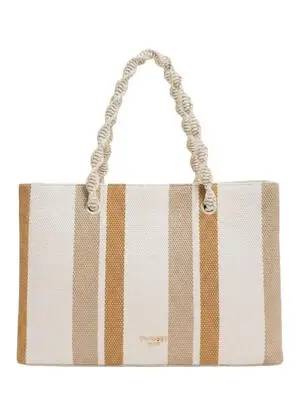 TWINSET Striped Canvas Tote Bag With Woven Handles - Pearl