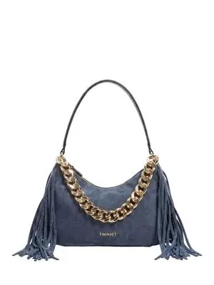 TWINSET Liliane Suede Fringed Bag With Metal Mesh Appliques - Navy