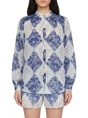 TWINSET Printed Ramie Mandarin Collar Long Sleeve Shirt - Blue