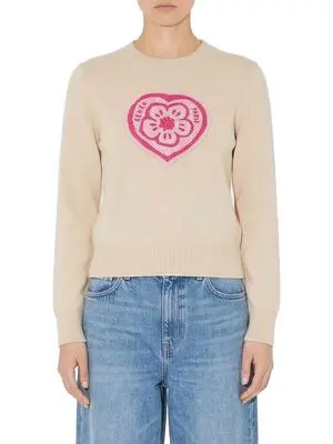 Kenzo Kenzo Cotton And Wool Crew Neck Knit Top With Boke Heart Logo Beige