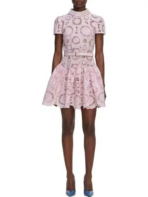 SELF-PORTRAIT Lace Belted Mini Dress - Pink