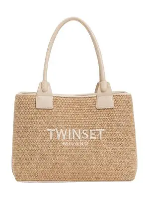 TWINSET Raffia Shoulder Bag With Embroidered Logo - Sand