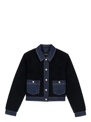 Maje Denim-trim Bouclé Woven Jacket - Navy
