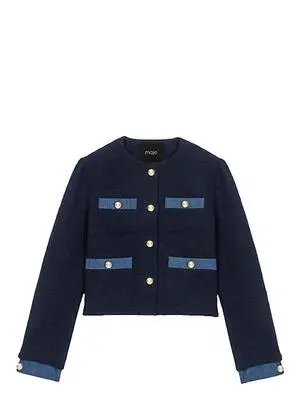 Maje Denim-trim Four-pocket Tweed Jacket - Navy