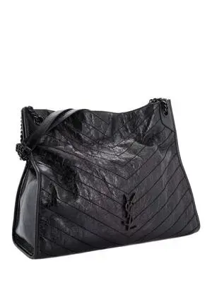 Saint Laurent Niki Shopping Tote Matelasse Chevron Leather Shoulder Bag - Black