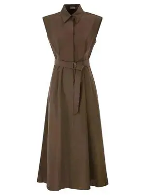Brunello Cucinelli Classic-collar Belted Sleeveless Midi Dress - Brown