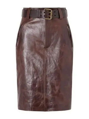 Saint Laurent Belted Leather Pencil Skirt Chocolate