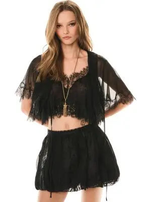 LoveShackFancy Thessisa Silk Lace Cropped Shawl Blouse - Black