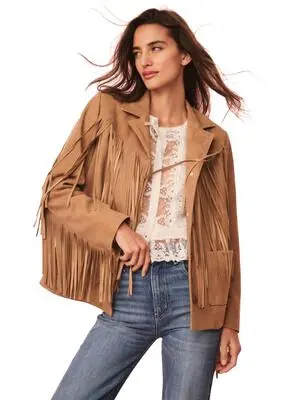 LoveShackFancy Geraline Suede Fringe Jacket - Camel