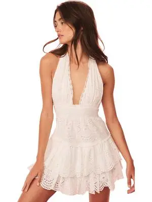 LoveShackFancy Janea Eyelet Lace Mini Halter Dress - Optic White