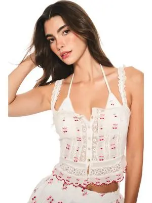 LOVESHACKFANCY Vietta Cherry Embroidered Top