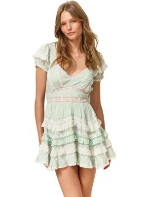 LoveShackFancy Nivara Lace Ruffle Mini Dress - Eau De Nil