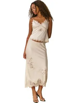 LoveShackFancy Vivia Satin Midi Skirt - Ivory