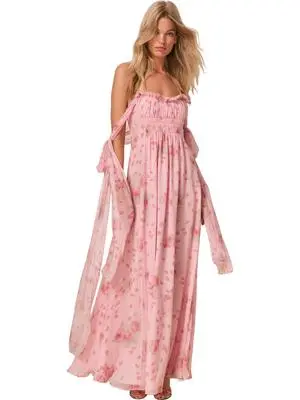 LoveShackFancy Marlana Floral Silk Chiffon Maxi Dress - Maple Blush