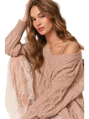 LoveShackFancy Croisette Cashmere Cable Knit Pullover - Camel Melange