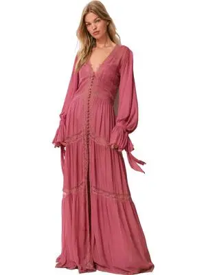 LoveShackFancy Lyvienne Chiffon Lace Maxi Gown - Deep Rose